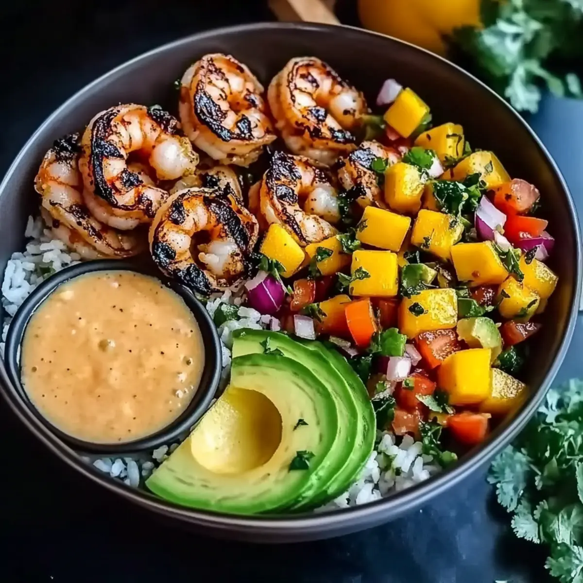 Delicious Shrimp and Avocado Bowls with Mango Salsa & Lime-Chili Sauce