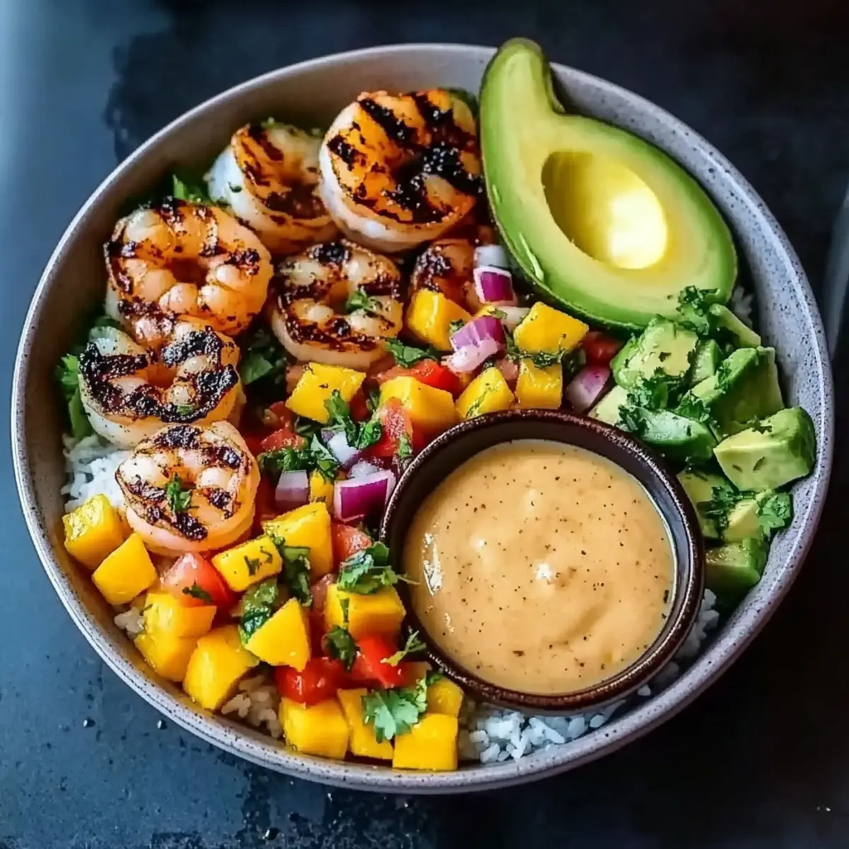 Delicious Shrimp and Avocado Bowls with Mango Salsa & Lime-Chili Sauce