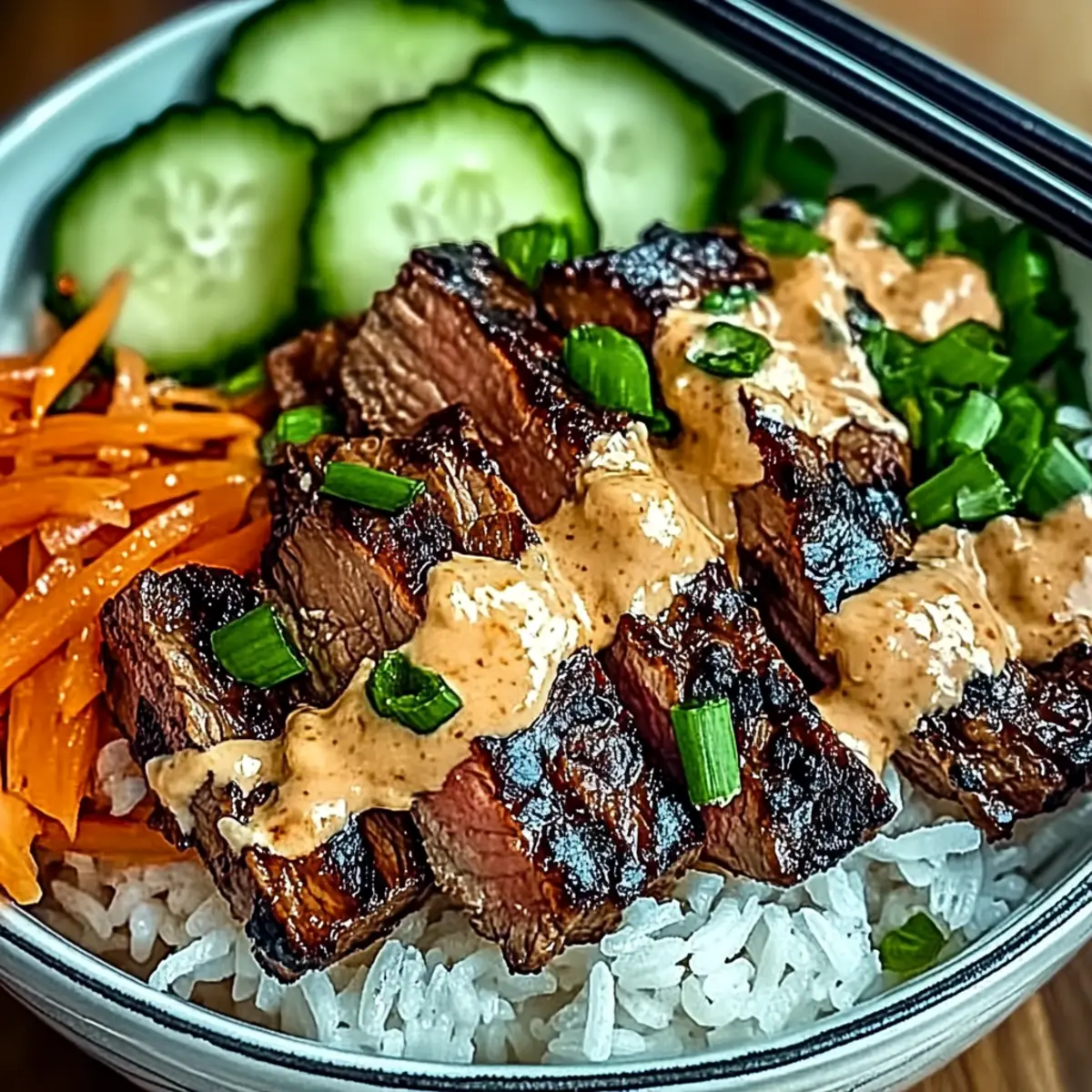 Irresistible Korean BBQ Steak Rice Bowls with Spicy Cream Sauce