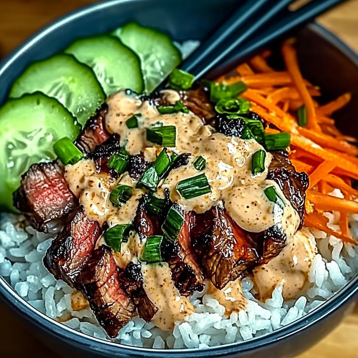 Irresistible Korean BBQ Steak Rice Bowls with Spicy Cream Sauce